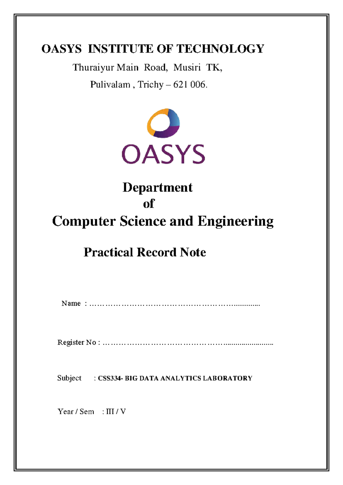 BDA Lab Practical Record - OASYS Institute, V Sem - Studocu