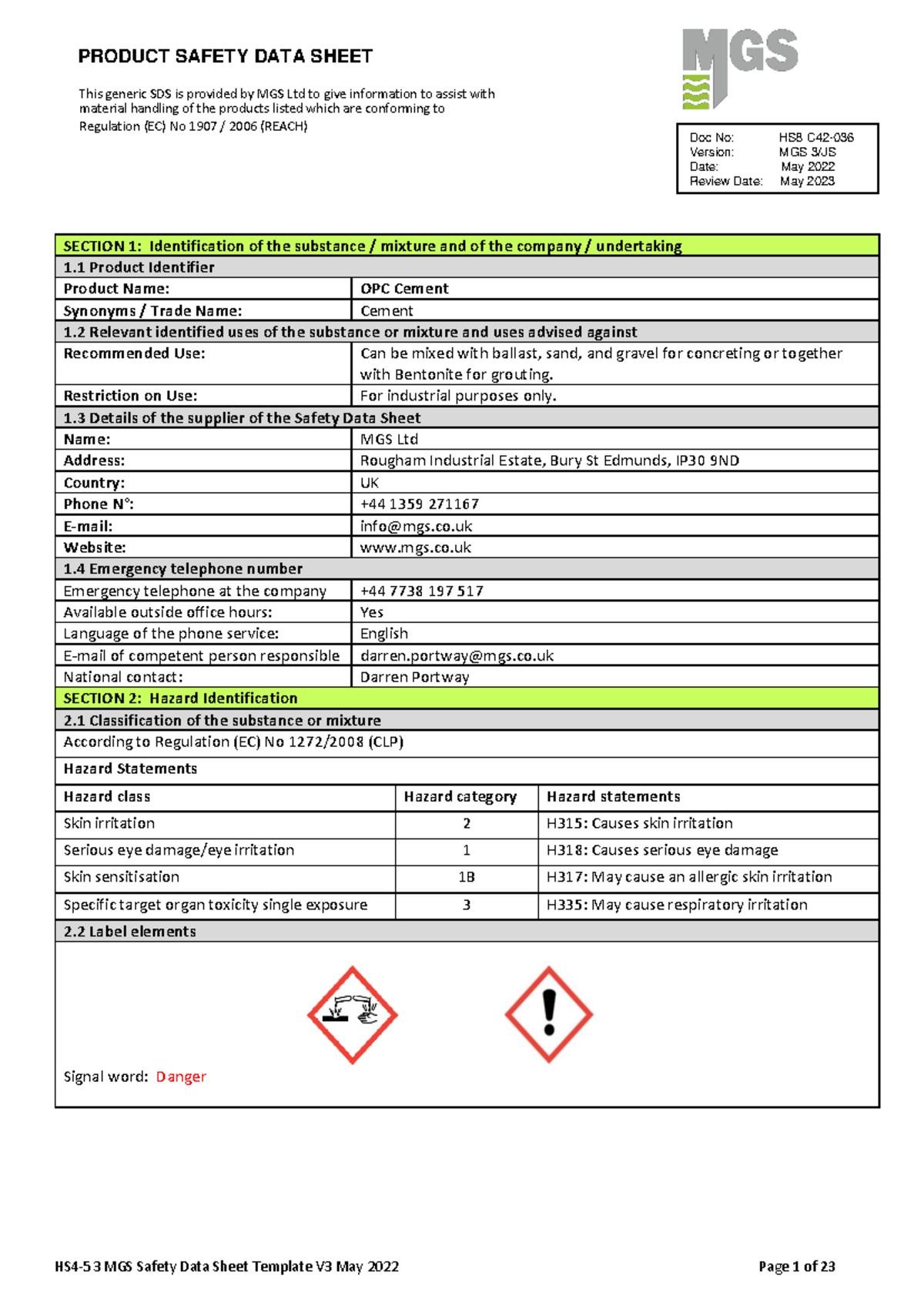 HS8 C42 036 OPC Cement Safety Data Sheet - May 2022 - Studocu