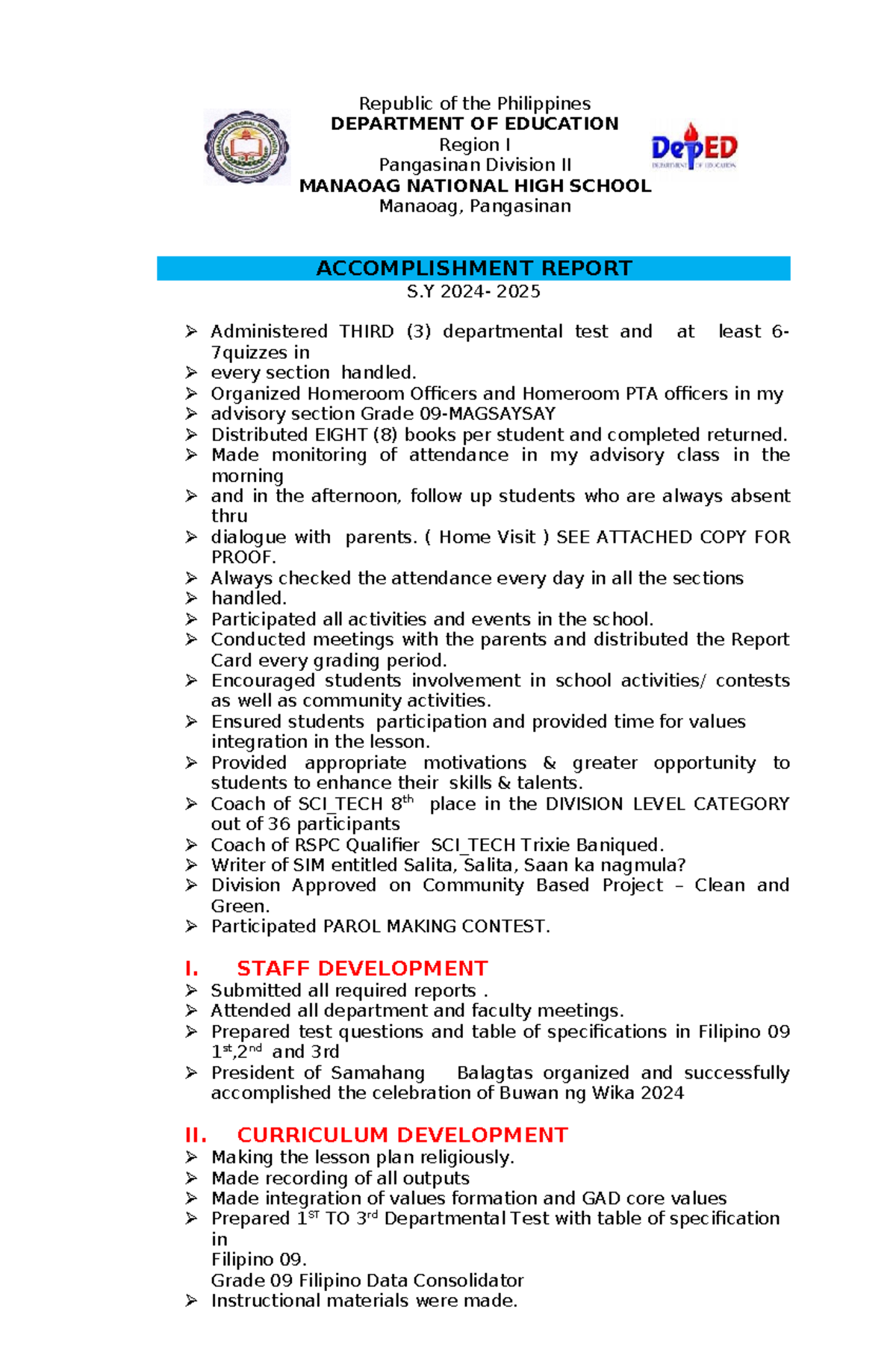 Accomplishment Report 2025 for Grade 10 Gatchalian Class - Studocu