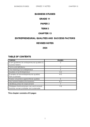 BUSINESS STUDIES GRADE 11 NOTES TERM 3 CHAPTER 13 2024 - BUSINESS ...