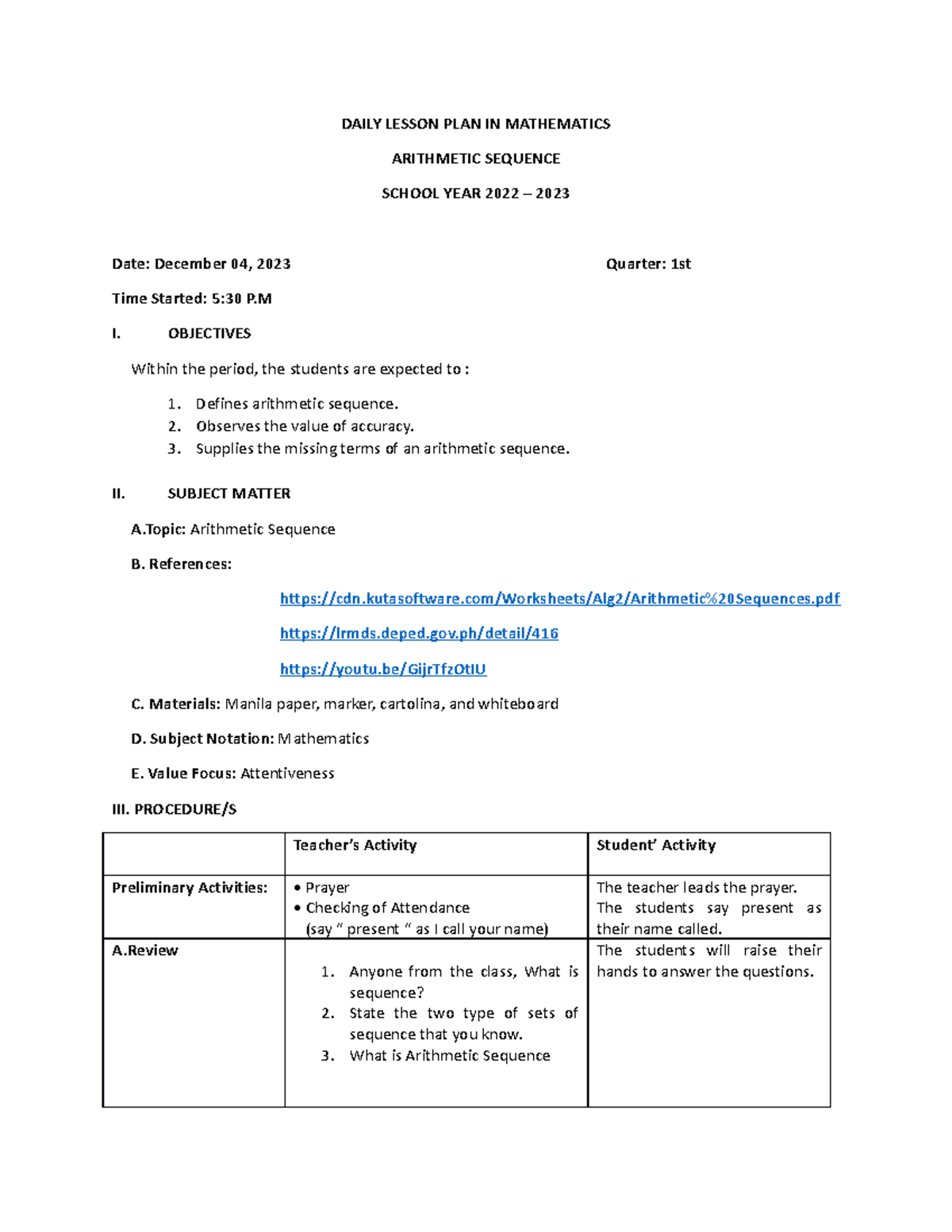Daily Lesson Plan: Arithmetic Sequence - DEMO EDUC7 - Studocu