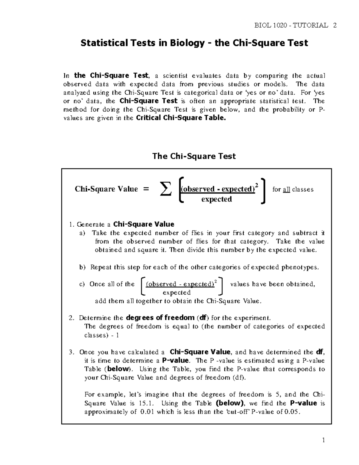 BIOL 1020 TUTORIAL 2: Chi-Square Statistical Tests in Biology - Studocu