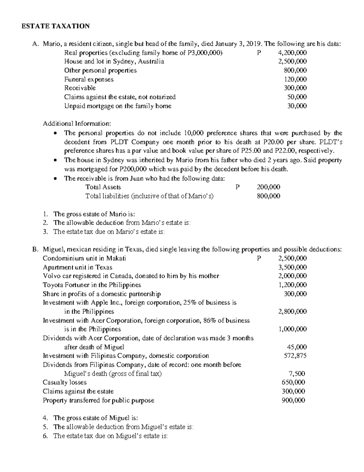 Estate Taxation Sample Problems (Chapters 2-4) Analysis and Exercises ...