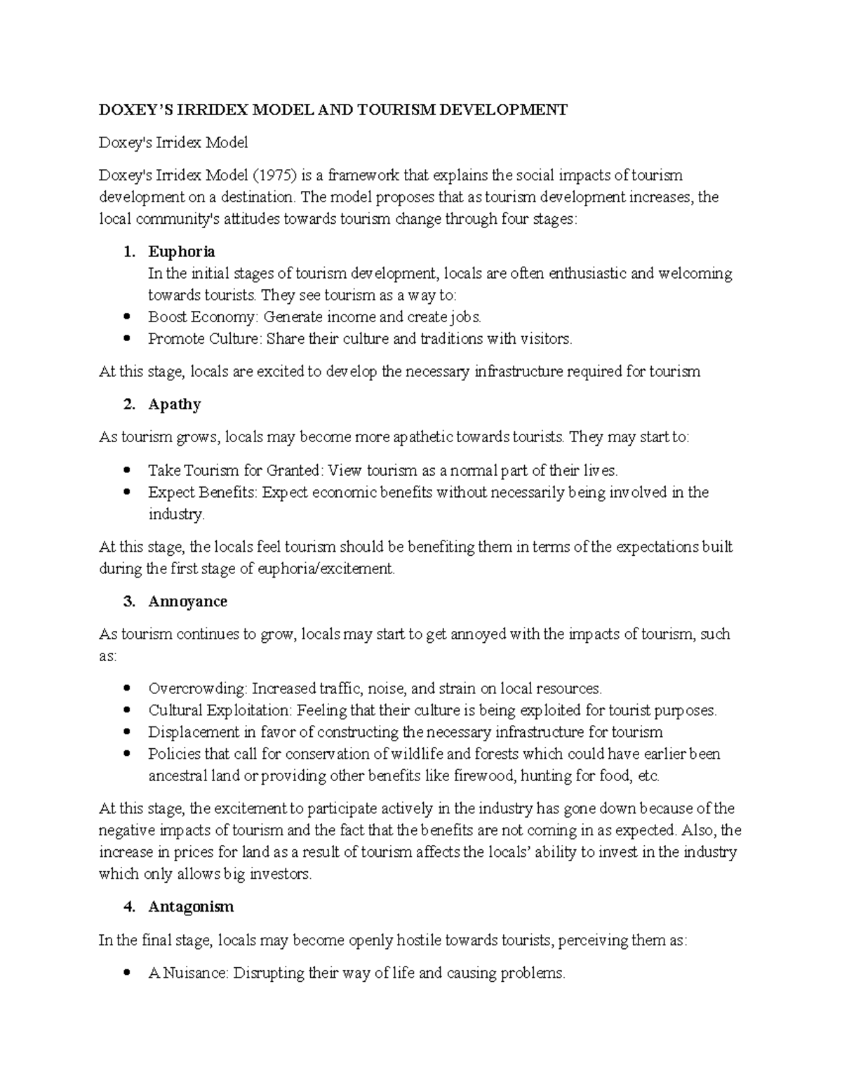Doxey's Irridex Model & Tourism Development Analysis - Studocu