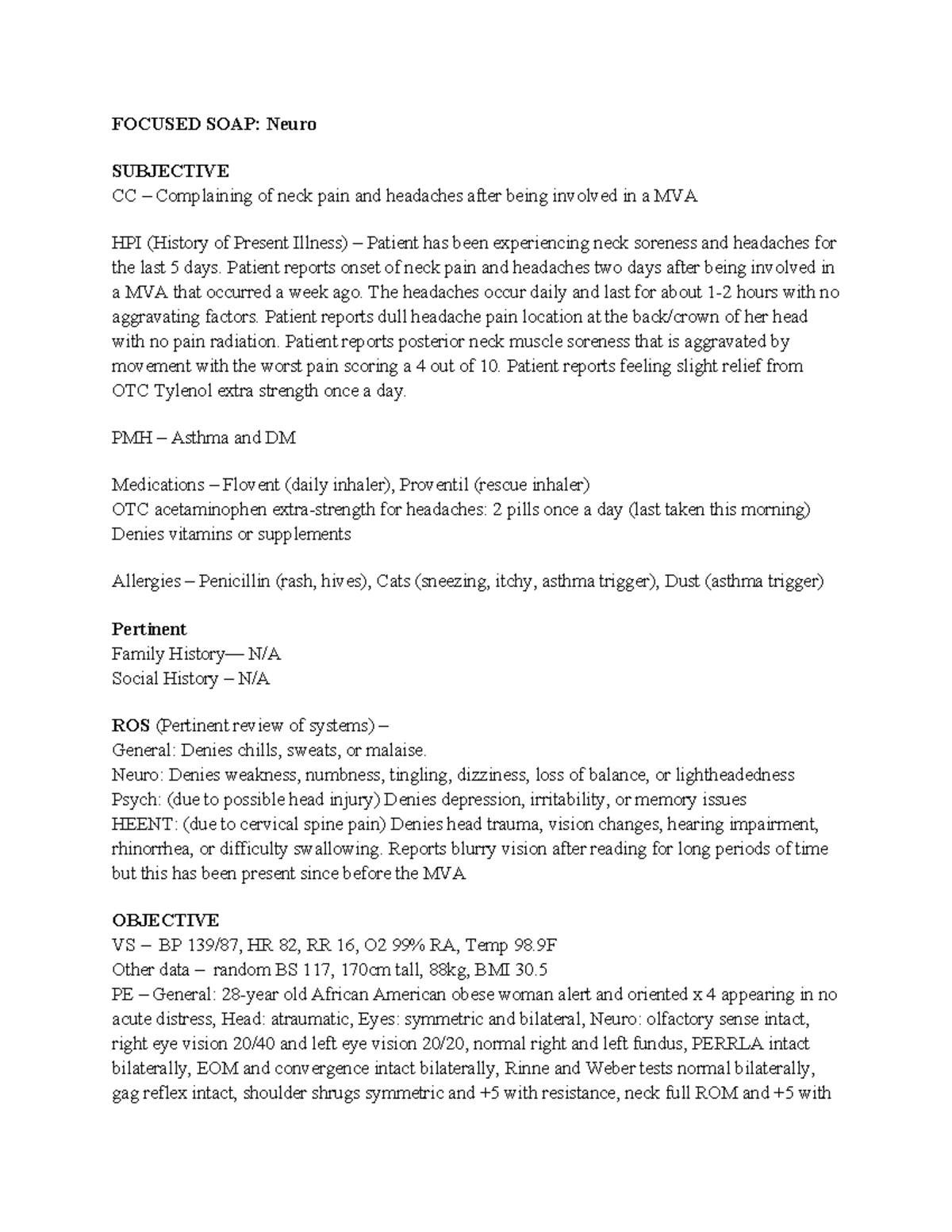 Neuro SOAP Notes for Shadow Health: MVA Patient Assessment - Studocu