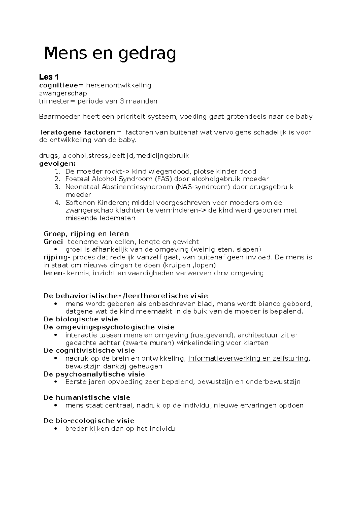Mens en Gedrag - Les 1 en 2: Ontwikkeling en Hechting in Levensfasen ...