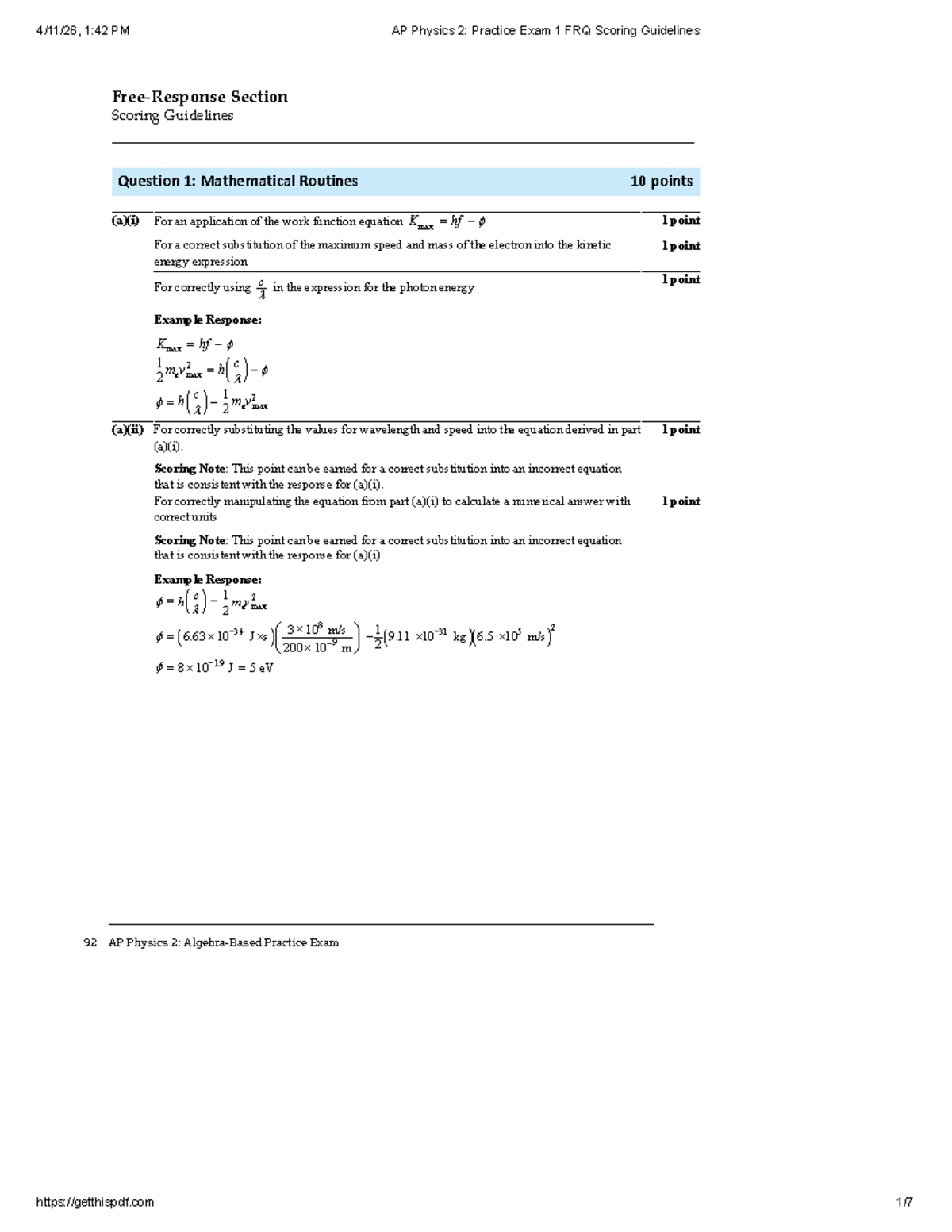 AP Physics 2: Practice Exam 1 FRQ Scoring Guidelines - Studocu