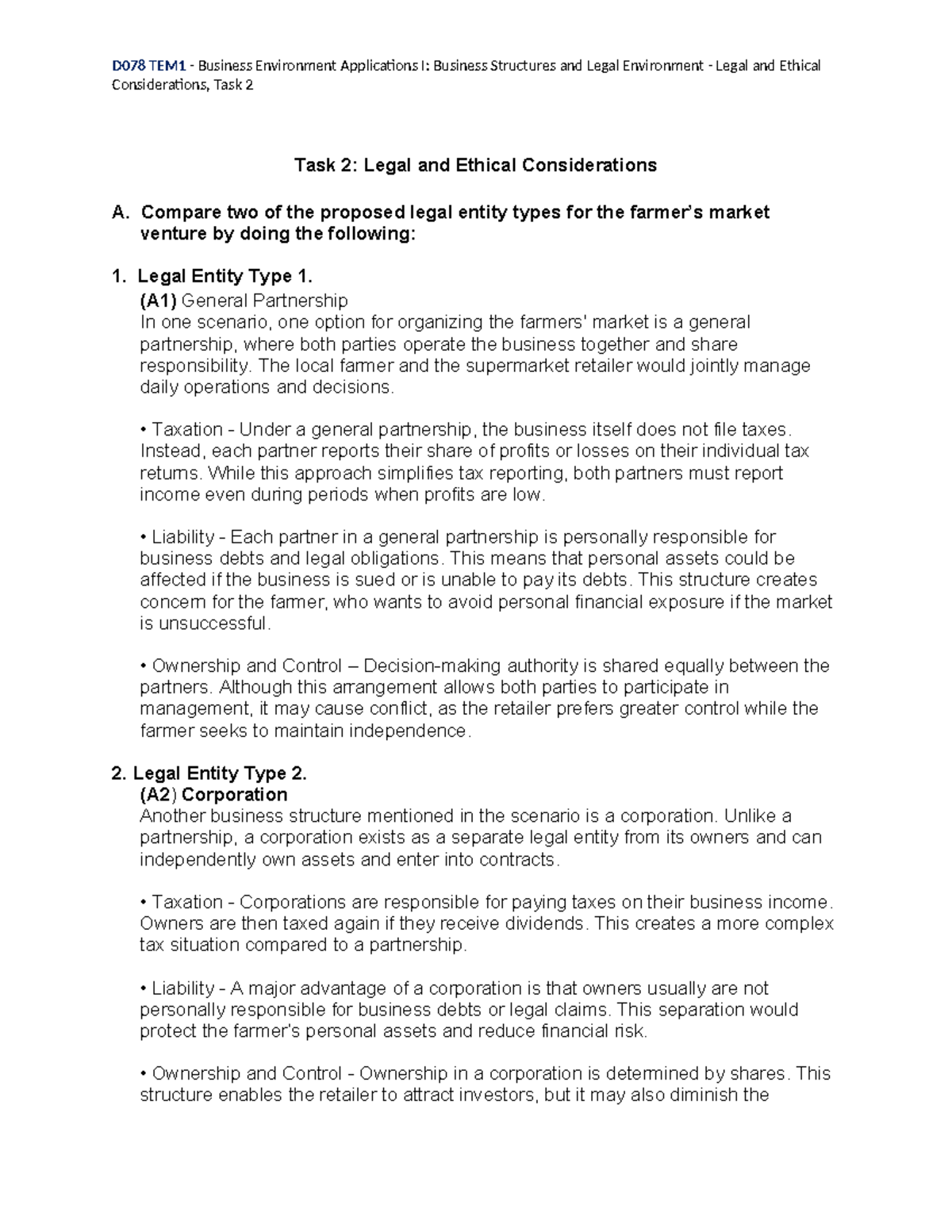 D078 TEM1 Legal & Ethical Considerations: Business Structures Analysis ...