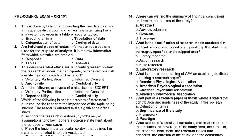 PRE Compre EXAM CRI 191 - Comprehensive Review Guide - Studocu
