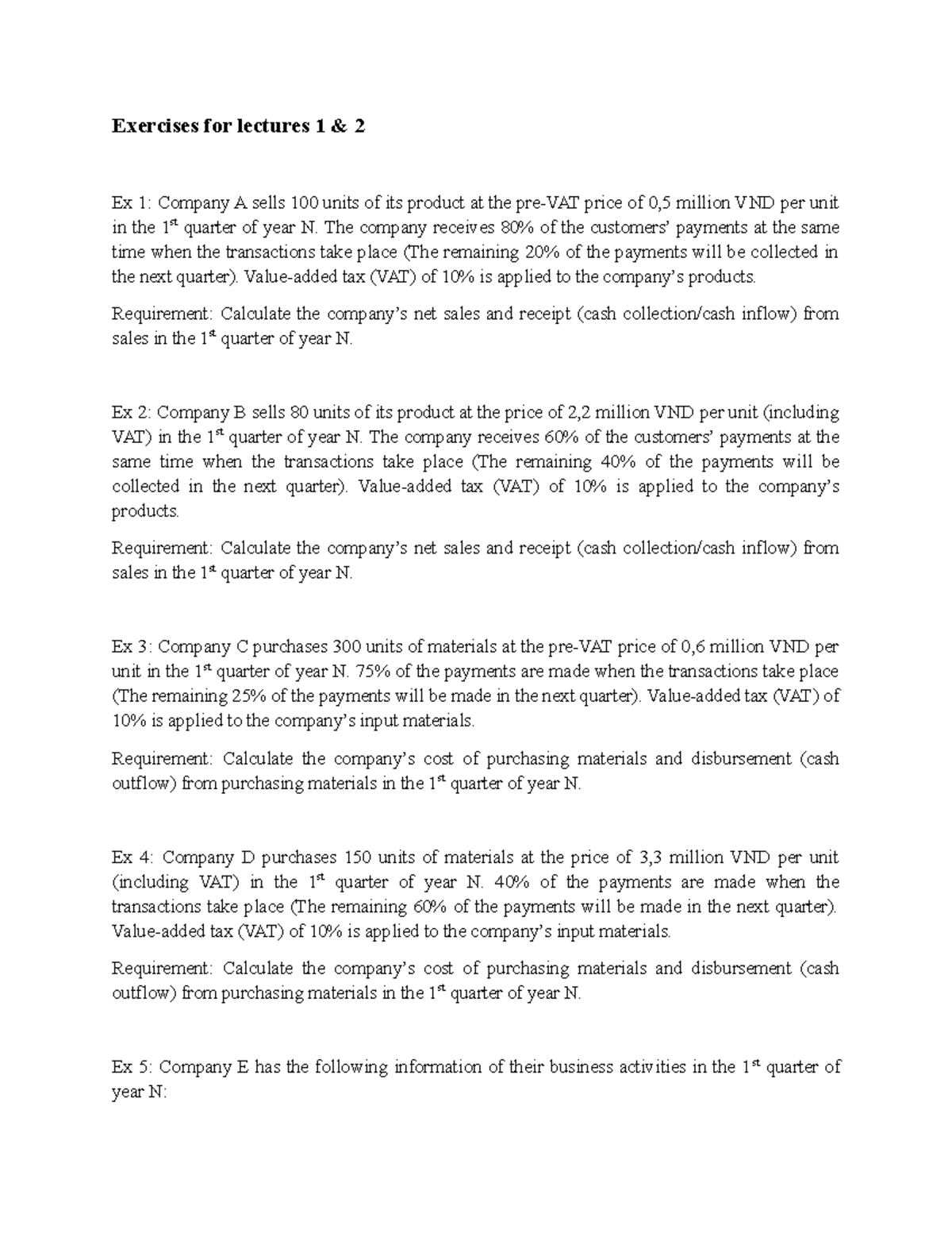 Exercises for Lectures 1 & 2: Q1 Financial Calculations - Studocu