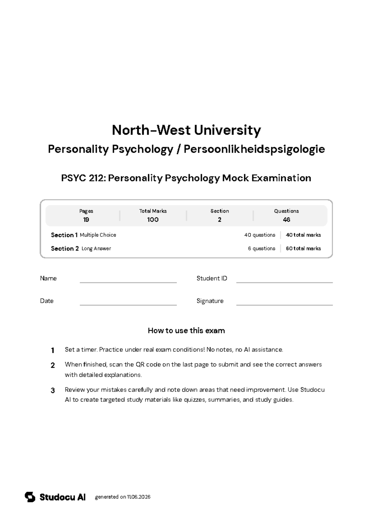 PSYC 212: Personality Psychology Mock Exam - Studocu