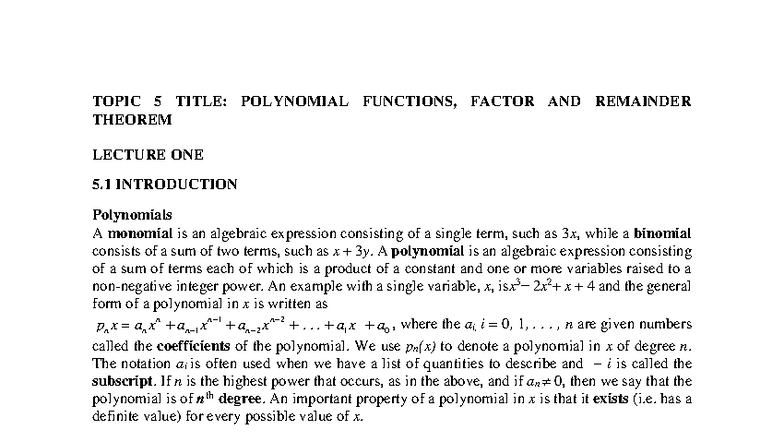 MATH 100 Chapter 6: Polynomial Functions, Factor & Remainder Theorem ...