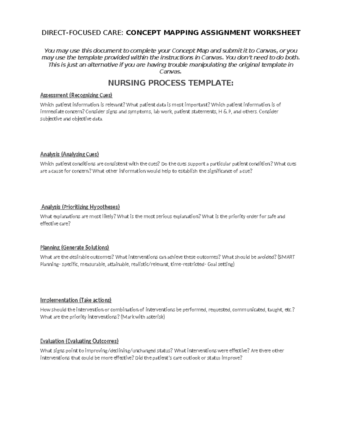 Concept Map Template - DIRECT-FOCUSED CARE: CONCEPT MAPPING ASSIGNMENT ...