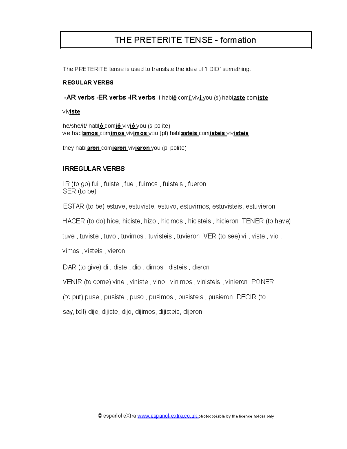Preterite Tense Formation - Regular and Irregular Verbs Guide - THE ...