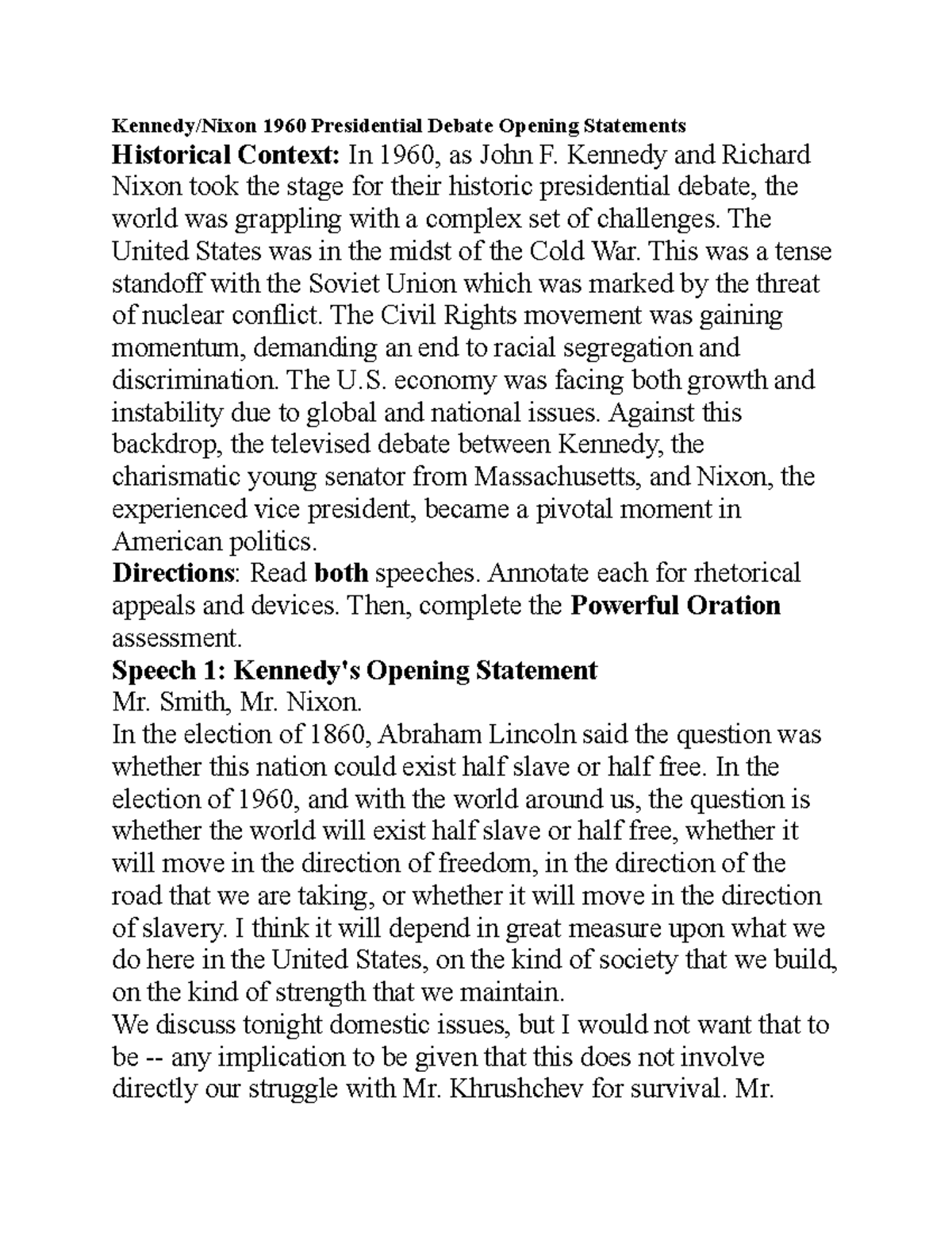04 02 Kennedy-Nixon 1960 Presidential Debate Opening Statements - Studocu