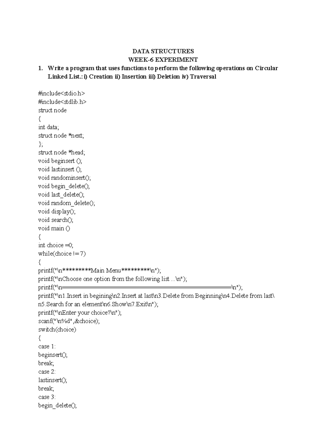 DATA STRUCTURES LAB (DS LAB) - Circular Linked List Operations - Studocu
