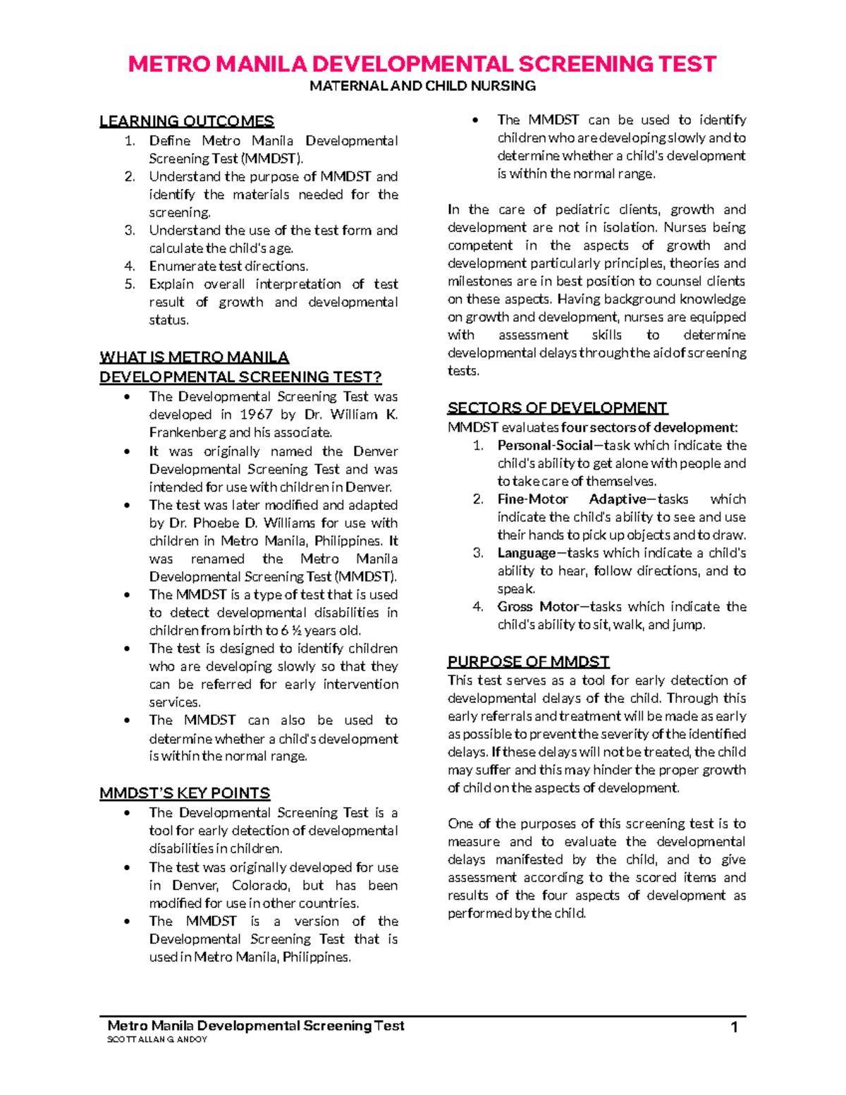 Metro Manila Developmental Screening Test Overview and Guidelines - Studocu