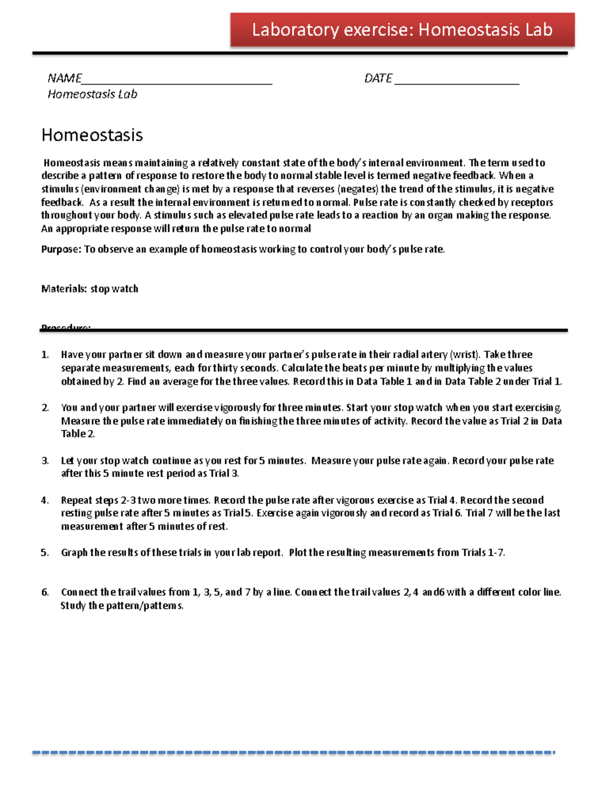 Homeostasis Lab (BIO 101): Understanding Pulse Rate Regulation - Studocu