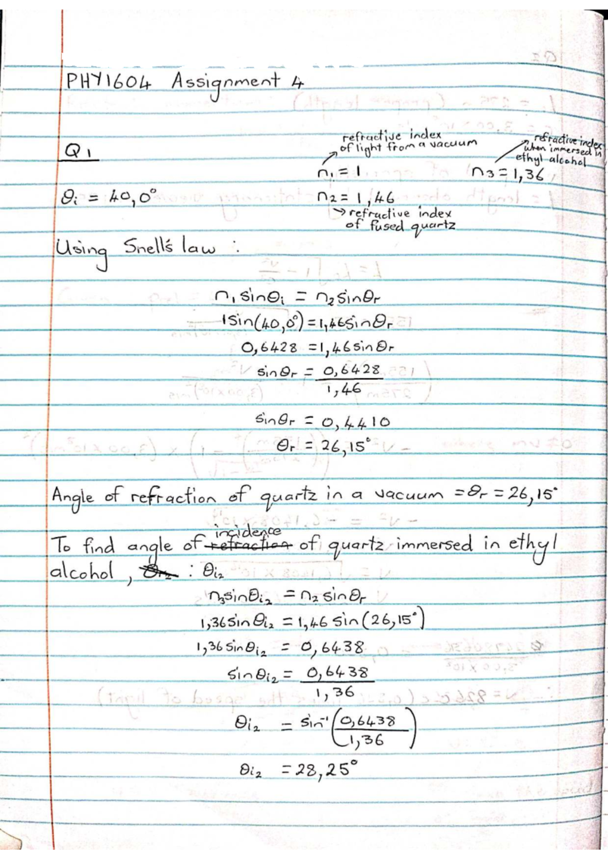 PHY1604 Assignment 4: Refractive Index and Relativity Calculations - Studocu