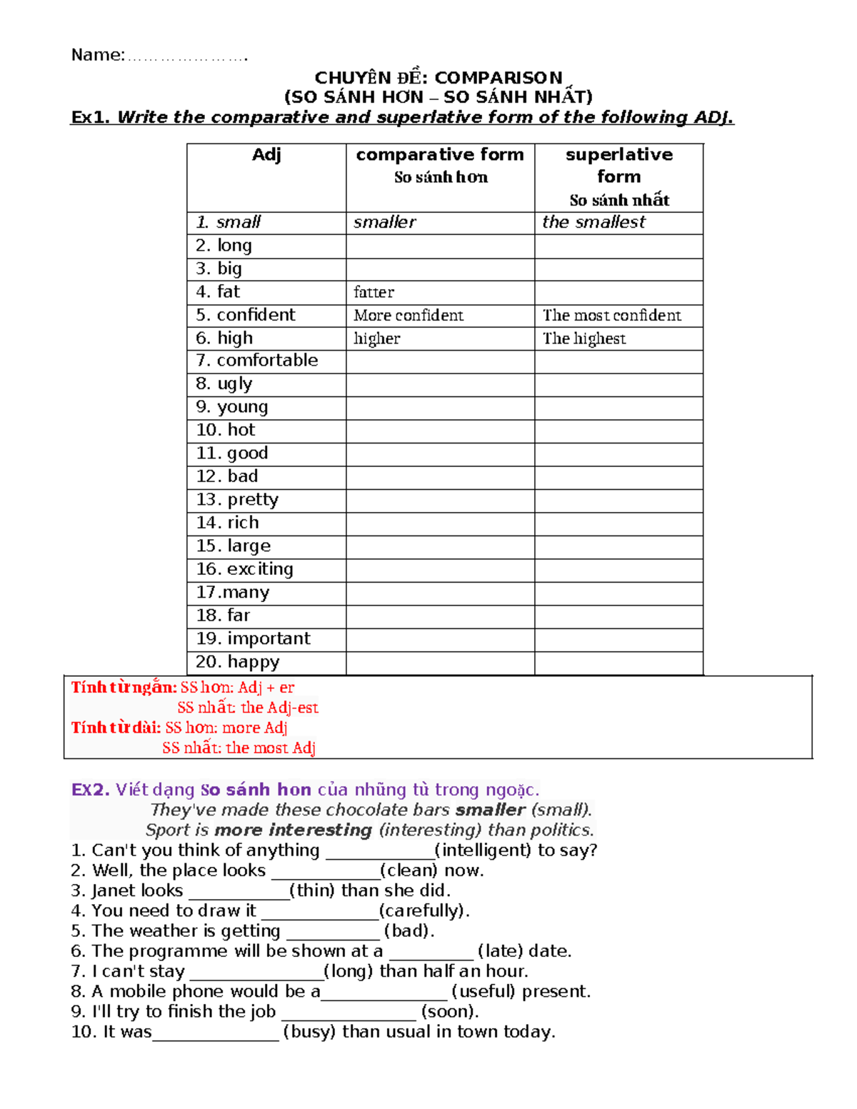 Comparative and Superlative Forms in English: Exercises and Examples ...