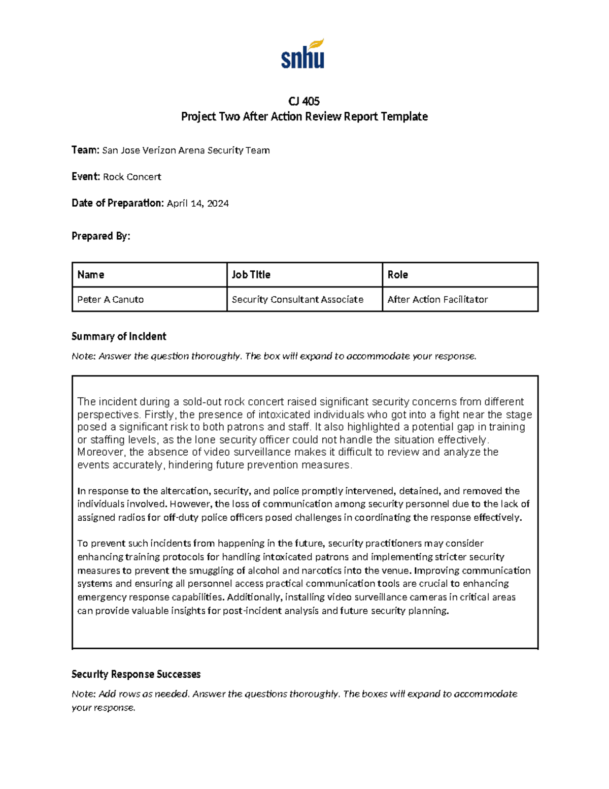 CJ 405 Project Two After Action Review: Security Response Insights ...