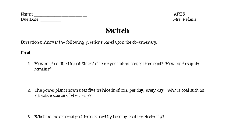 APES 101: Switch Documentary Worksheet Questions and Answers - Studocu