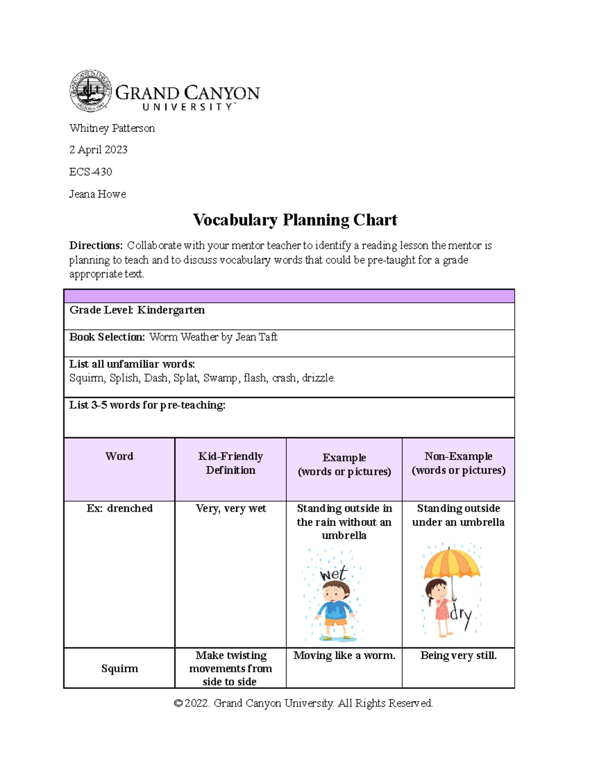 Vocabulary Planning Chart for Kindergarten - ECS 2023 - Studocu