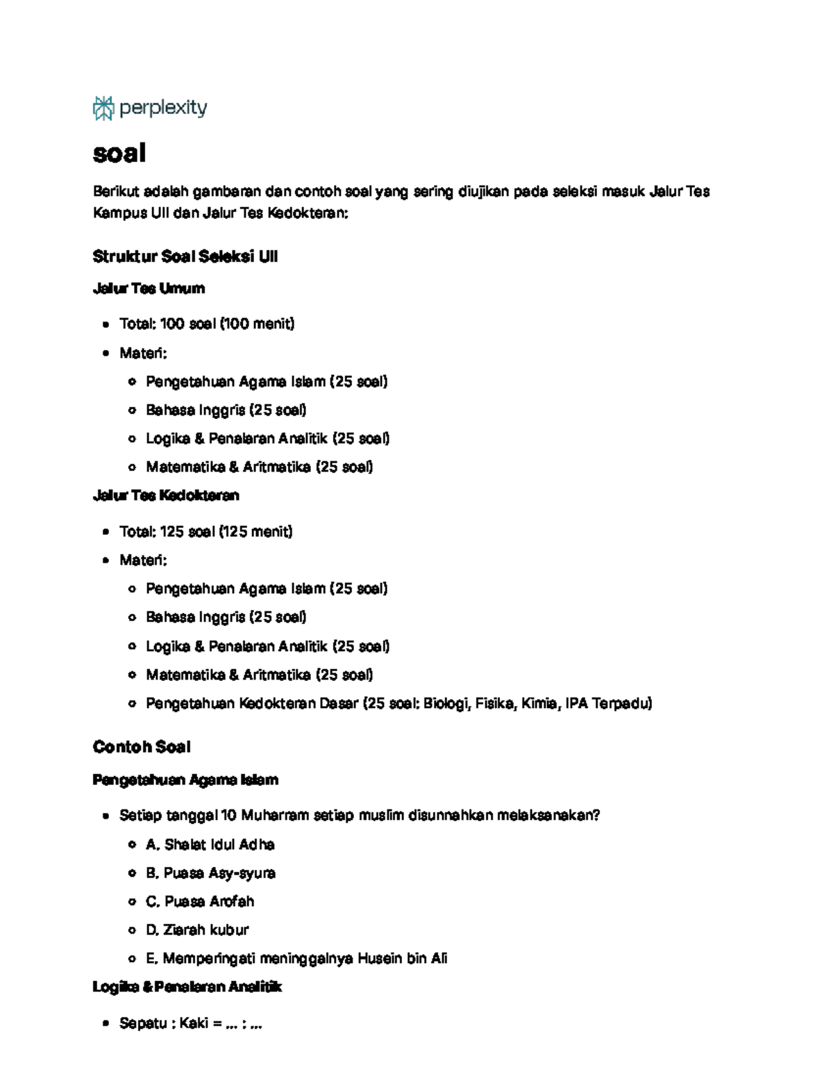 Soal Seleksi Masuk UII & Kedokteran: Contoh dan Struktur Soal - Studocu