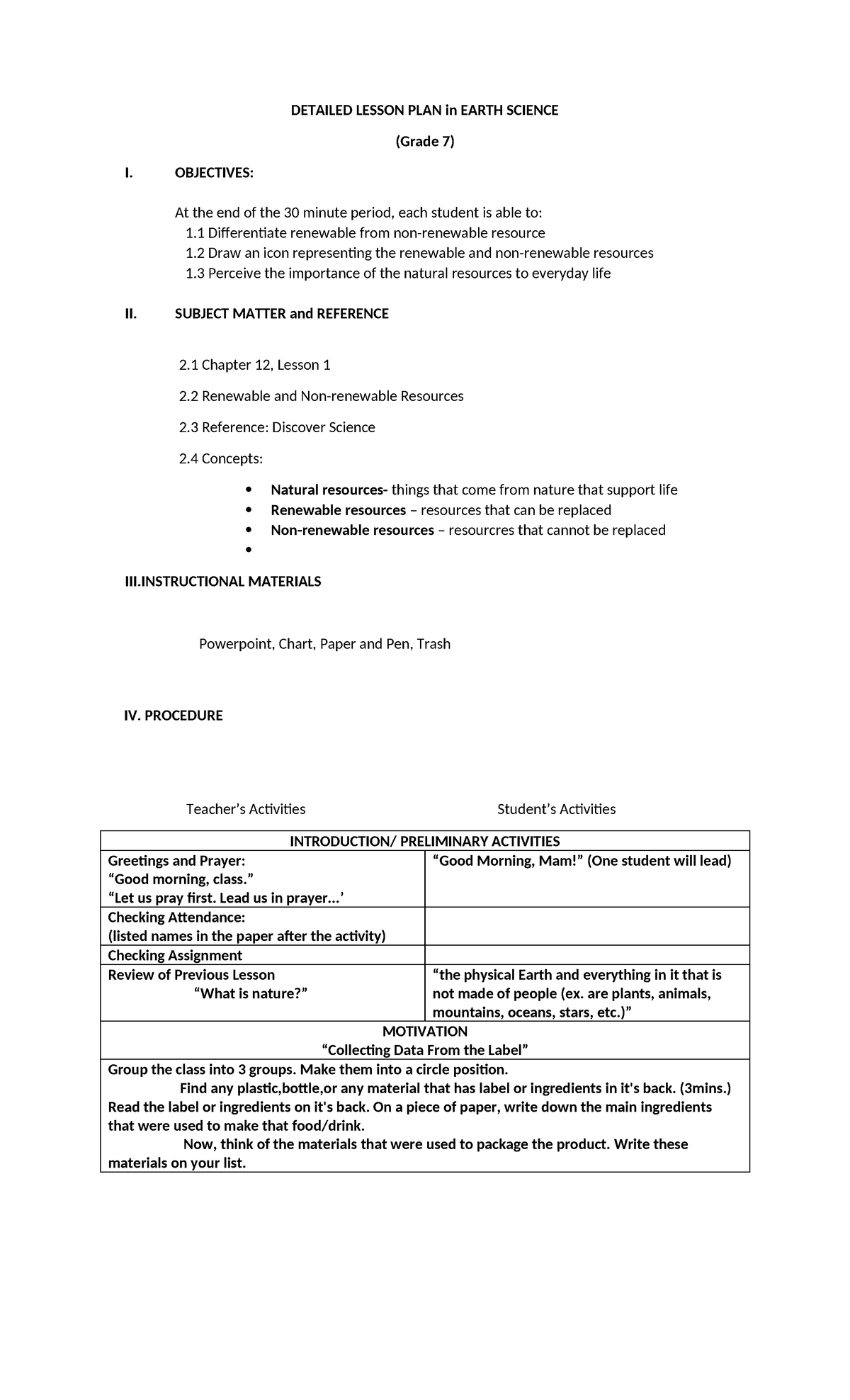 Detailed Lesson Plan on Renewable & Non-Renewable Resources (Gr 7 ...