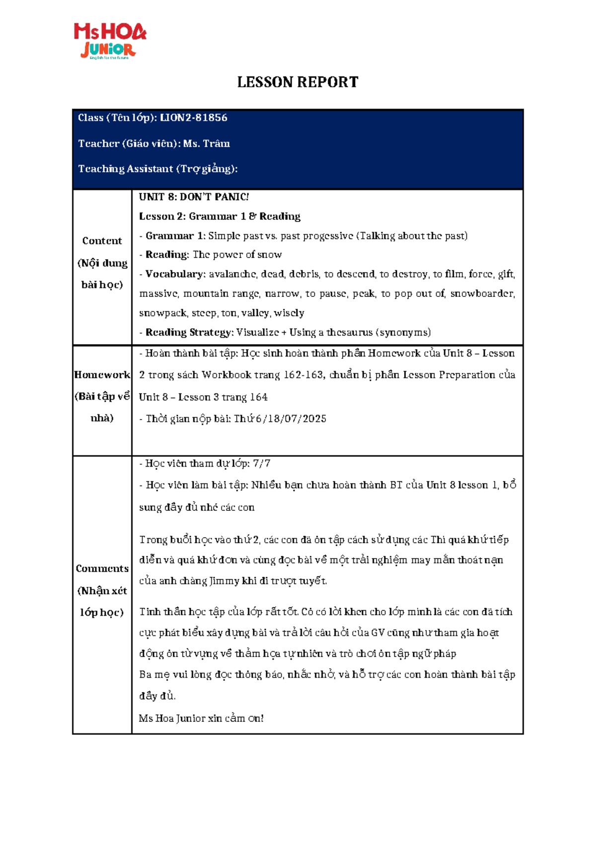Lesson Report - U8 L2: Grammar & Reading Insights - Pioneer 2 - Studocu