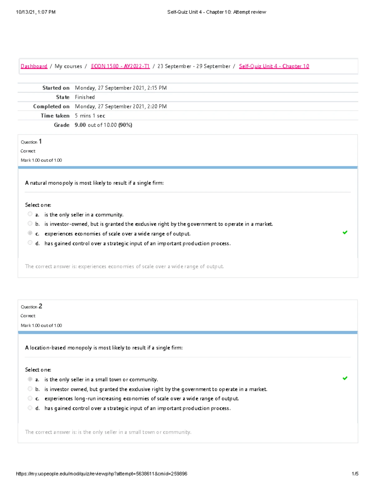 ECON 1580 Review Quiz #2 Attempt review - Started on Sunday, 20 March 2022, 12:34 AM State ...