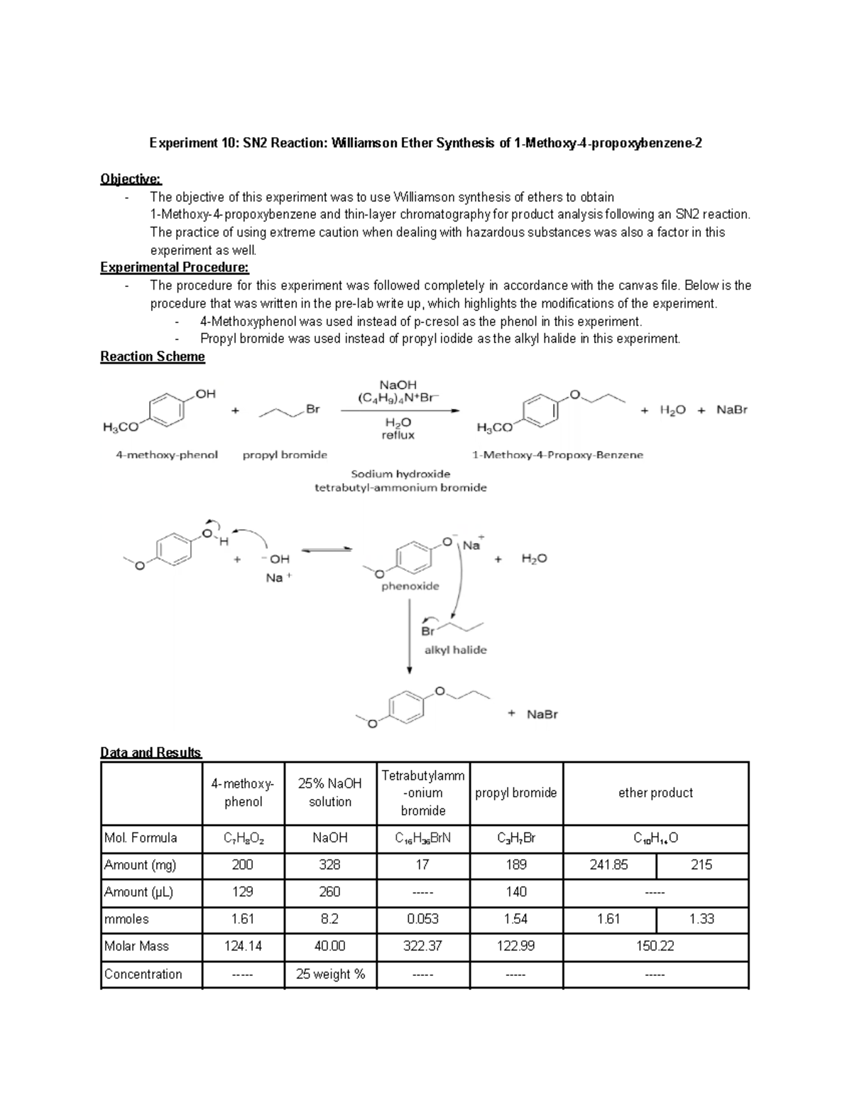 SN2 Williamson Lab - Experiment 10: SN2 Reaction: Williamson Ether ...
