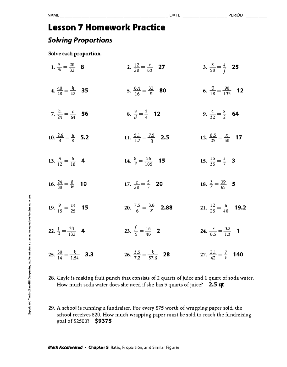Pre-Algebra 5-7 Homework Practice Answers - Solving Proportions - Studocu