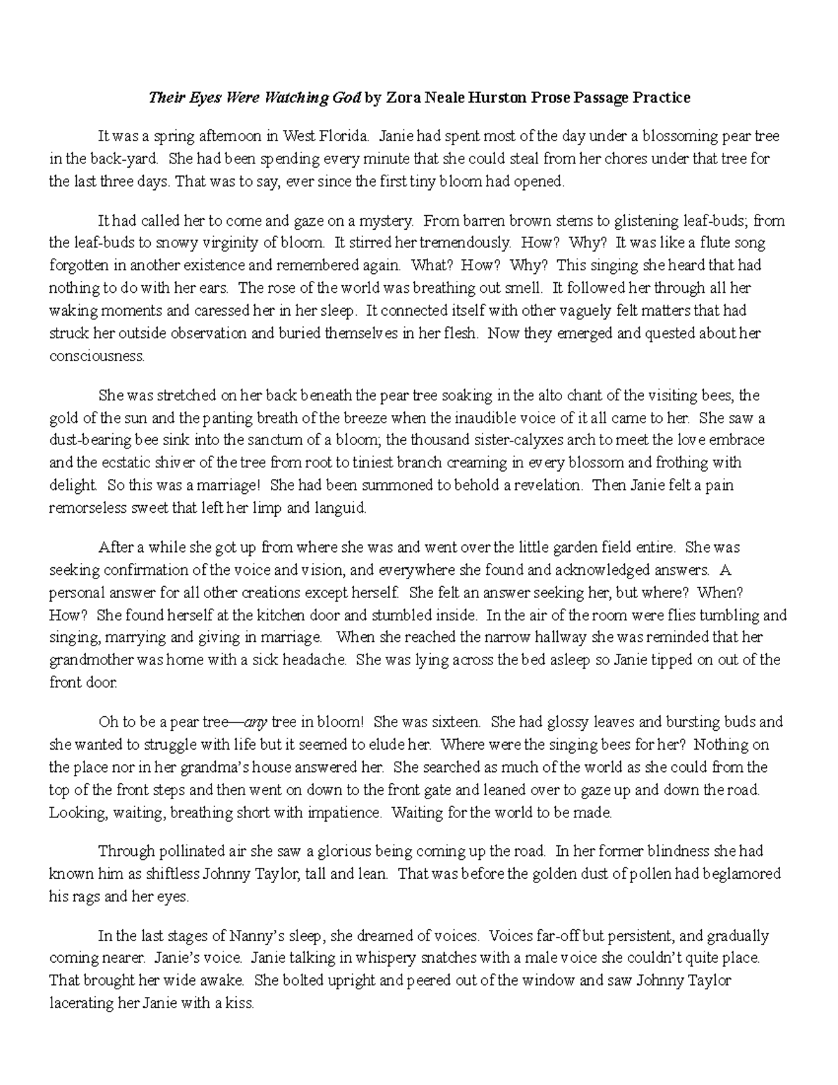 Their Eyes Were Watching God (ENG 202): Pear Tree Passage Analysis ...