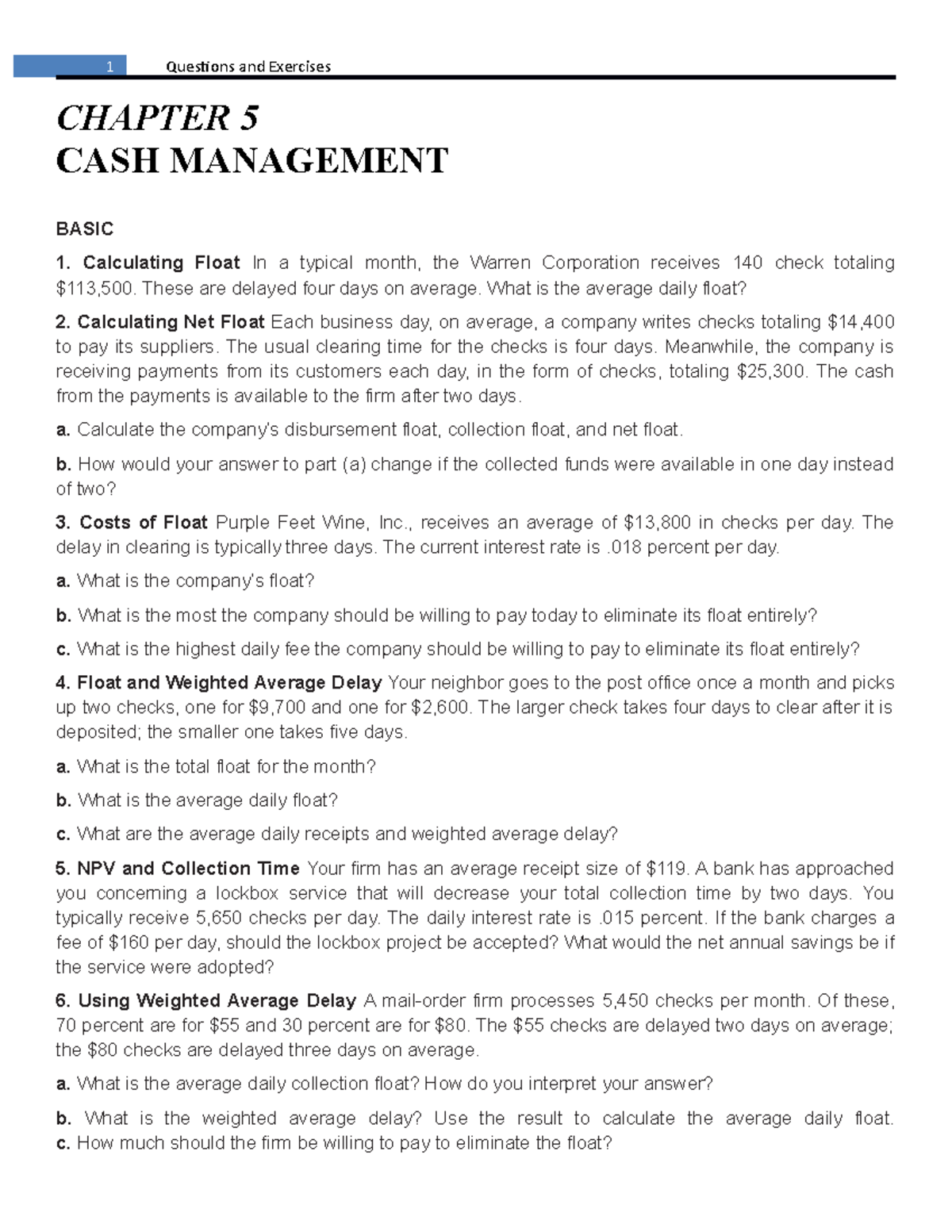 Chapter 5 Exercises - 1 Questions and Exercises CHAPTER 5 CASH ...