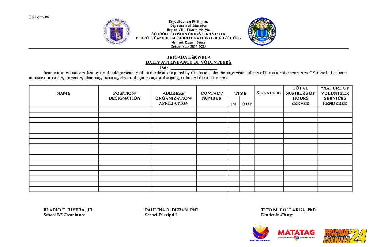 Brigada Eskwela 2024-2025: Daily Attendance Form for Volunteers - Studocu
