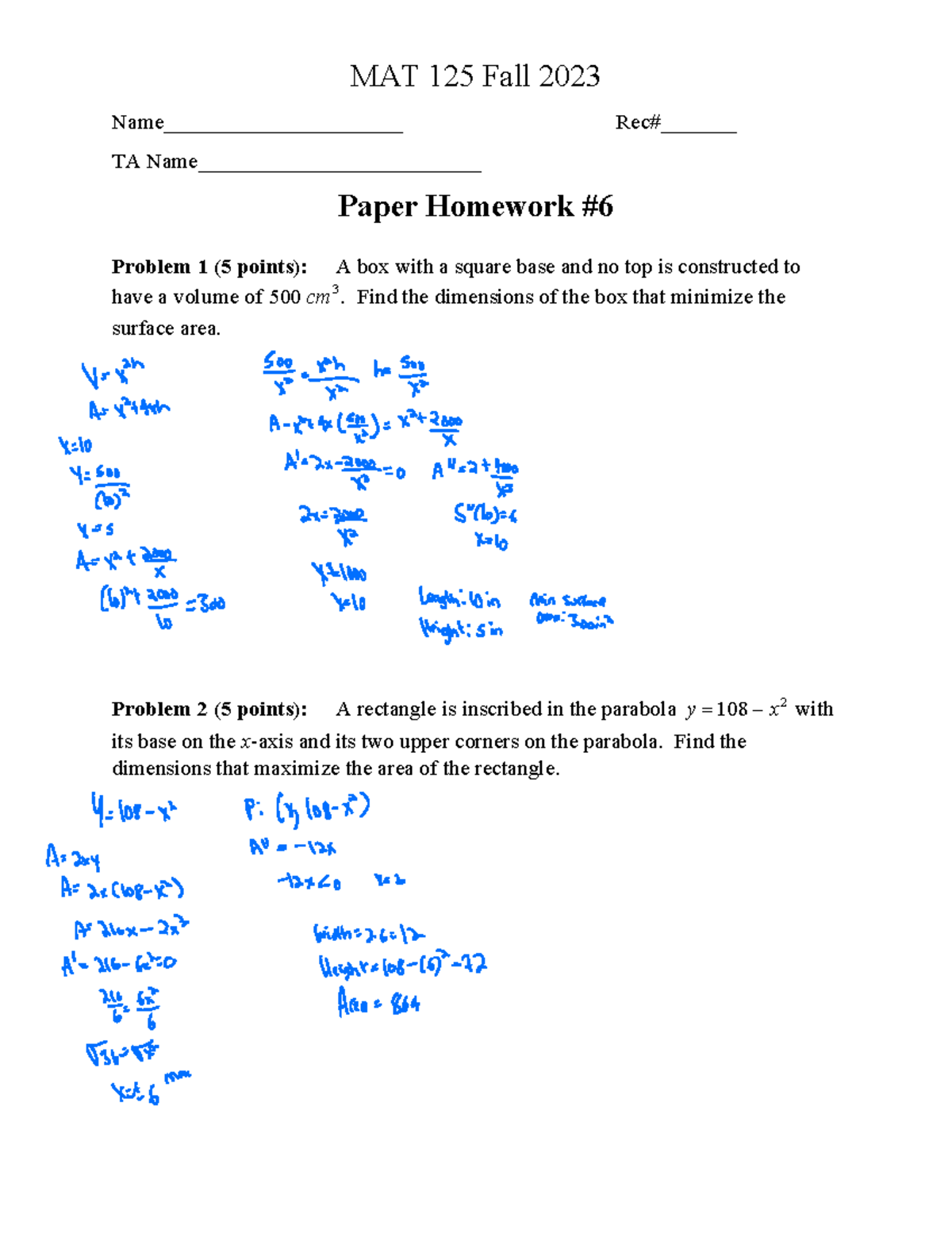 Paper Homework #6 Solutions for MAT 125 Fall 2023-2 - Studocu