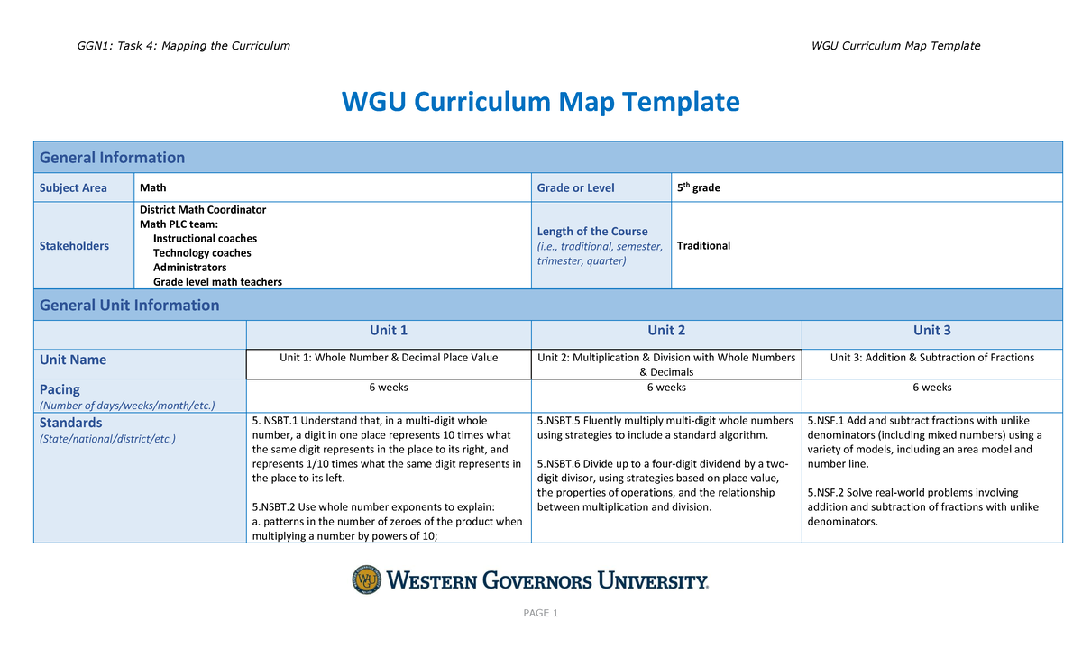 GGN1: Task 4 - Curriculum Mapping for 5th Grade Math Standards - Studocu
