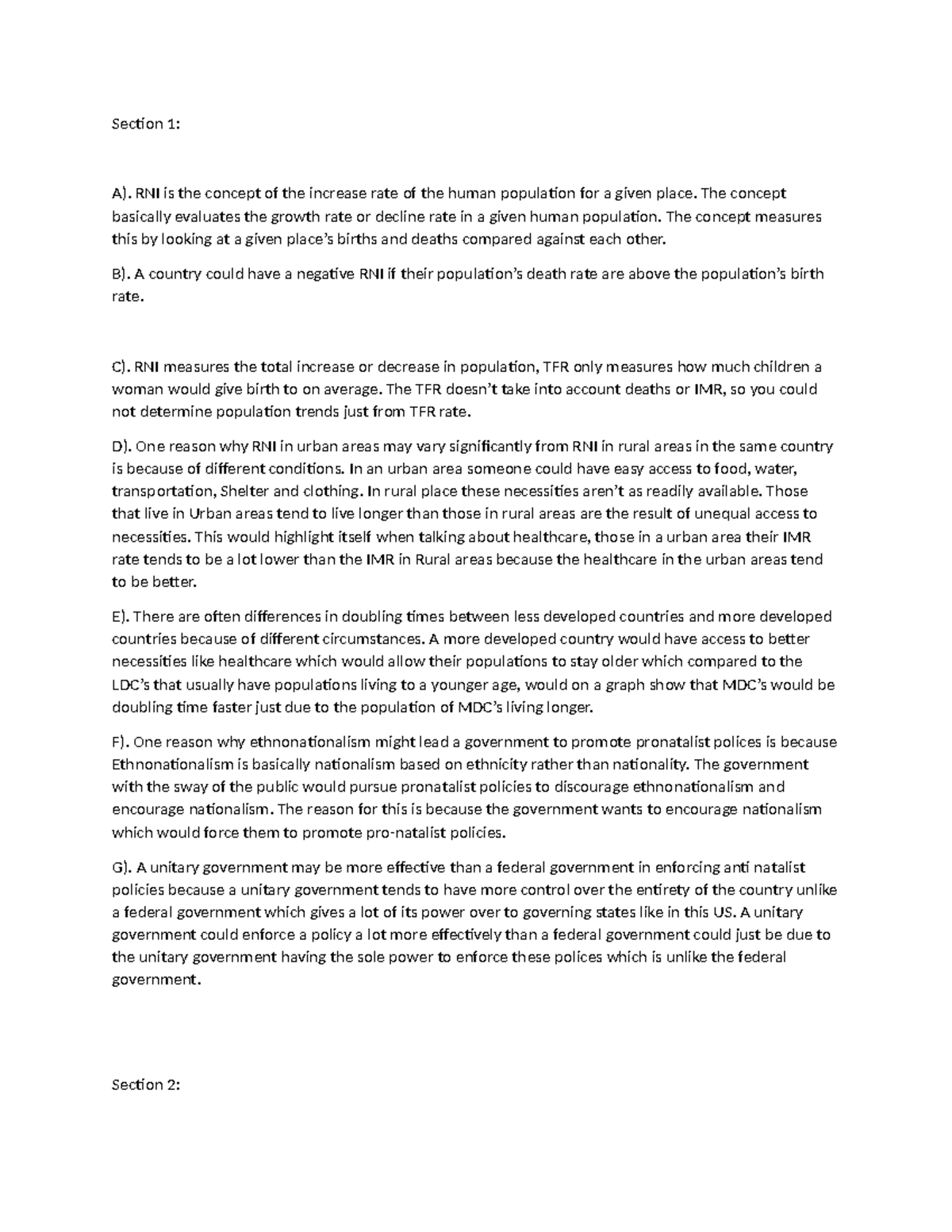 AP Human Geography FRQ Notes: RNI, TFR & Population Policies - Studocu