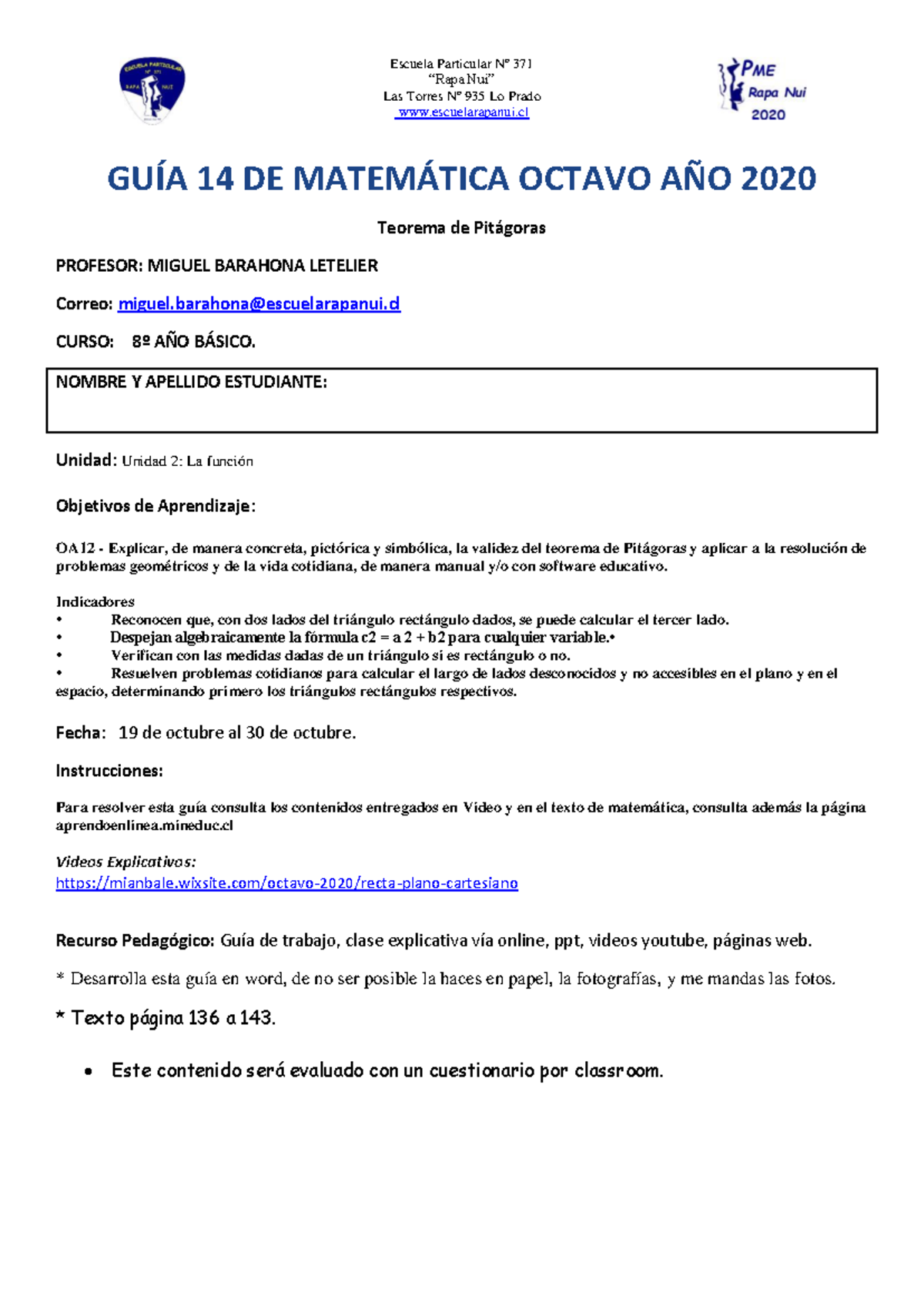 Guía 14 de Matemática: Teorema de Pitágoras - 8vo Año Básico - Studocu