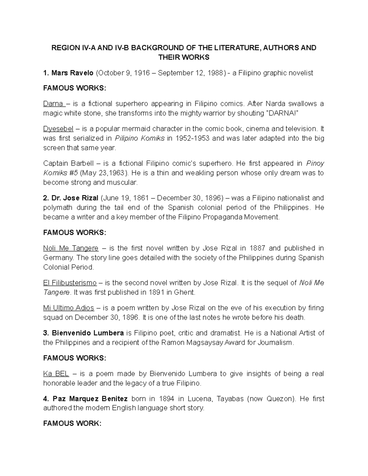 Philippine National Literature: Notable Authors & Their Works - Studocu