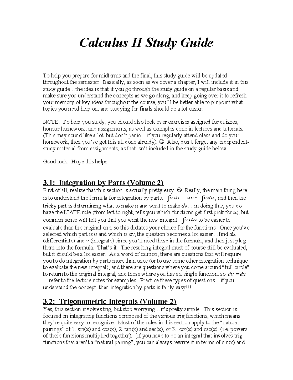 Study Guide 2 - Calculus II Study Guide To help you prepare for midterms and the final, this ...