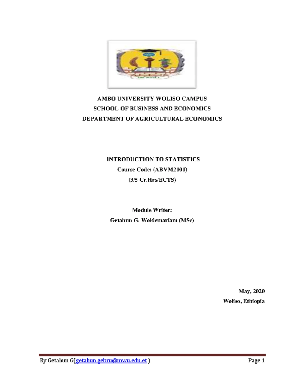 Module OF Introduction TO Statistics - AMBO UNIVERSITY WOLISO CAMPUS ...