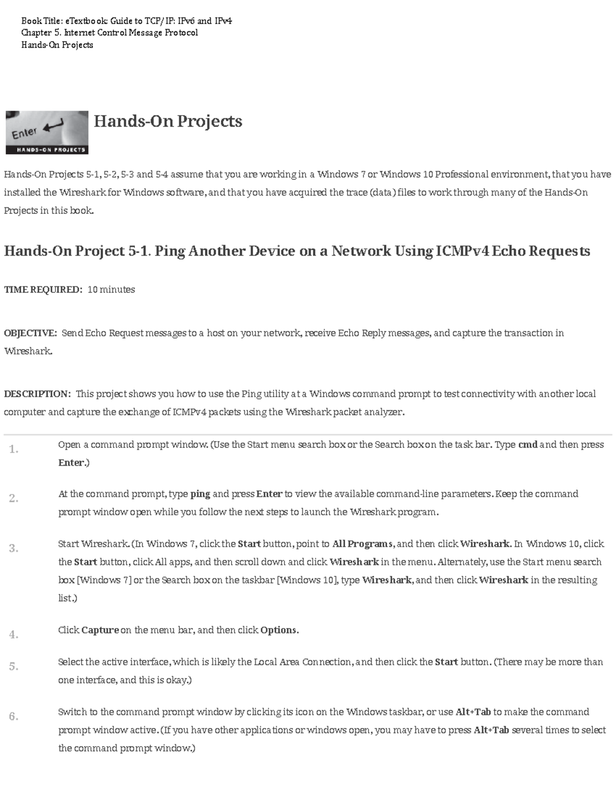 Hands-On Projects: Wireshark ICMPv4 and ICMPv6 Exercises for Ch. 5 ...