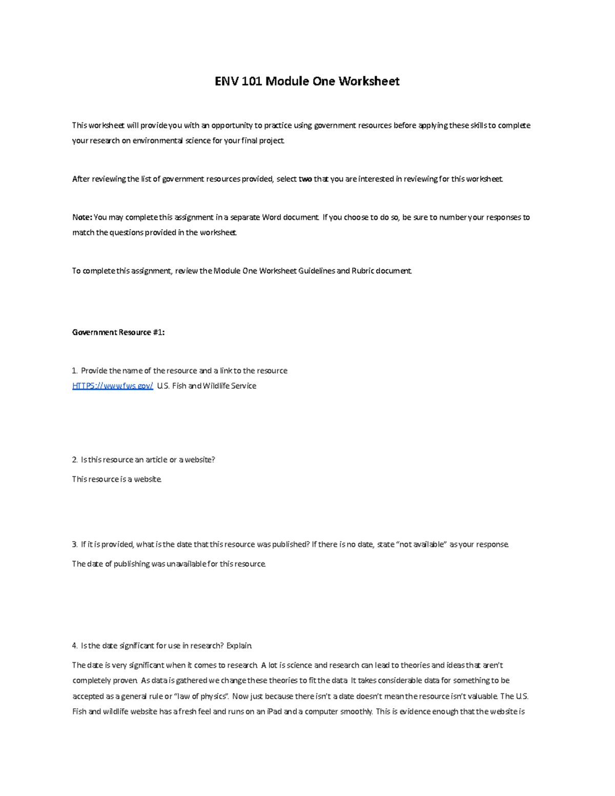 Env Sci Module 1 assn - ENV 101 Module One Worksheet This worksheet ...
