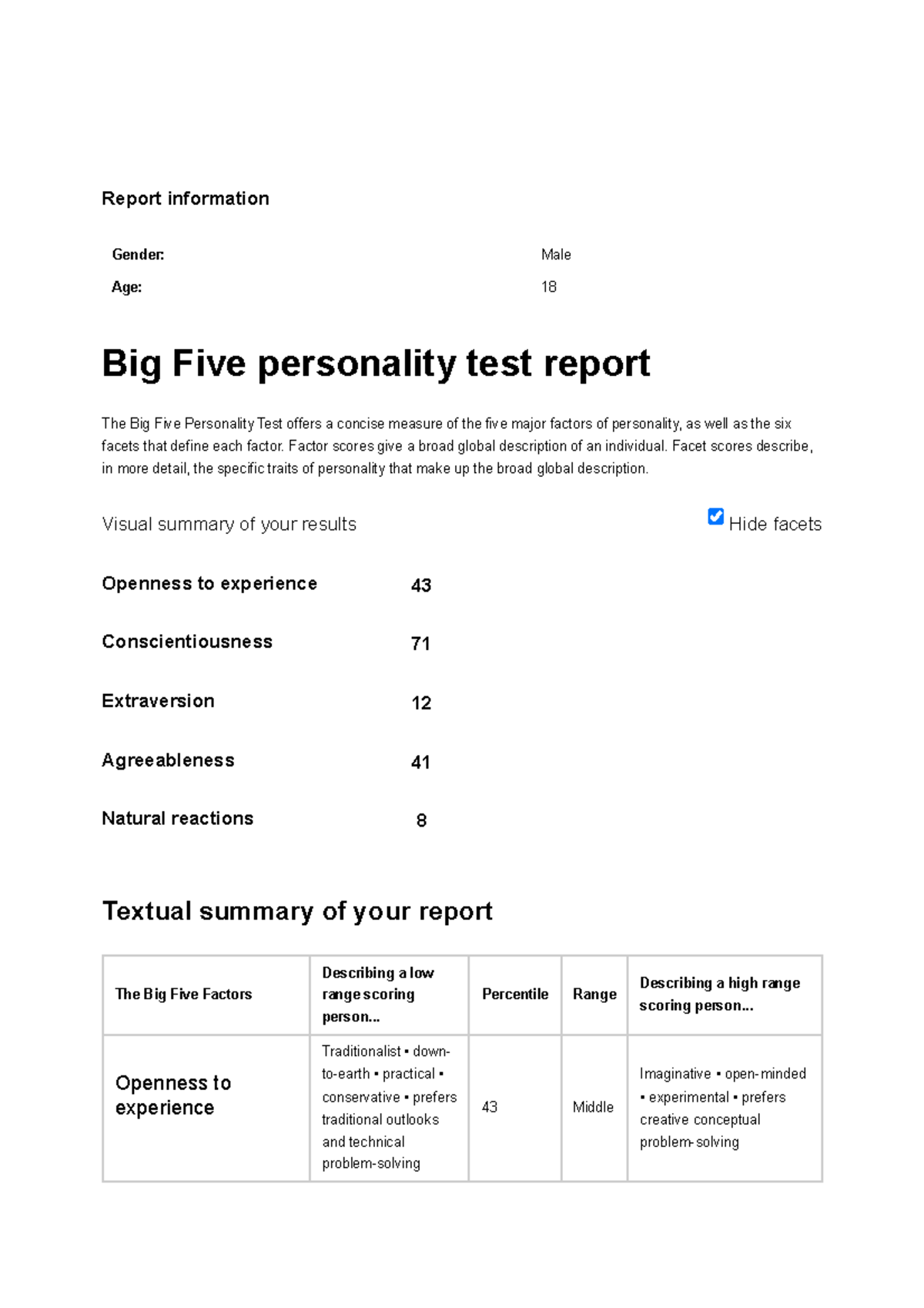 Big Five Personality Test Report: Male, Age 18 - Studocu