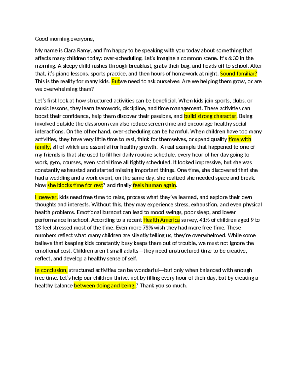 Balancing Structured Activities and Free Time for Kids: A Speech - Studocu