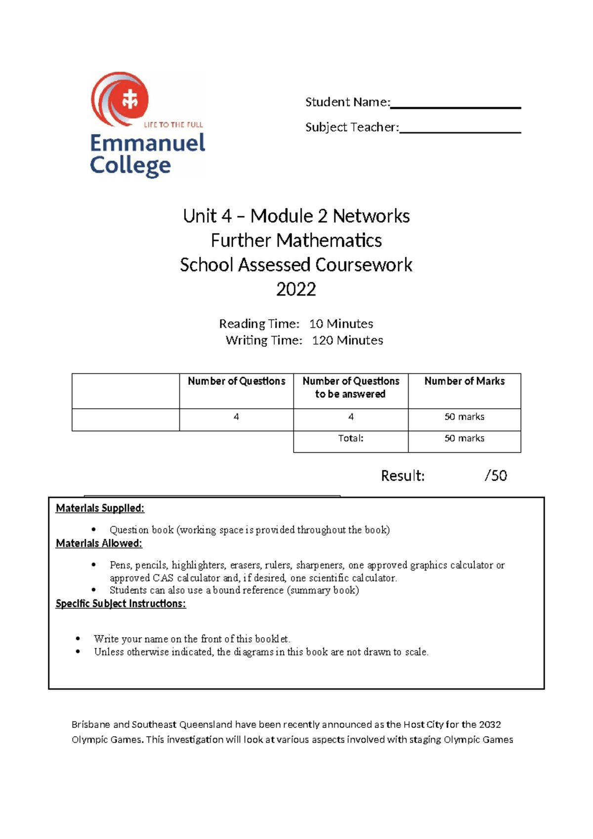 Networks Practice SAC: Unit 4 Module 2 Further Mathematics - Studocu