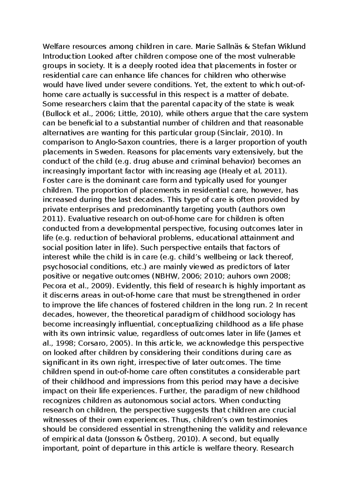 Welfare Resources for Looked After Children: A Study on Care in Sweden ...