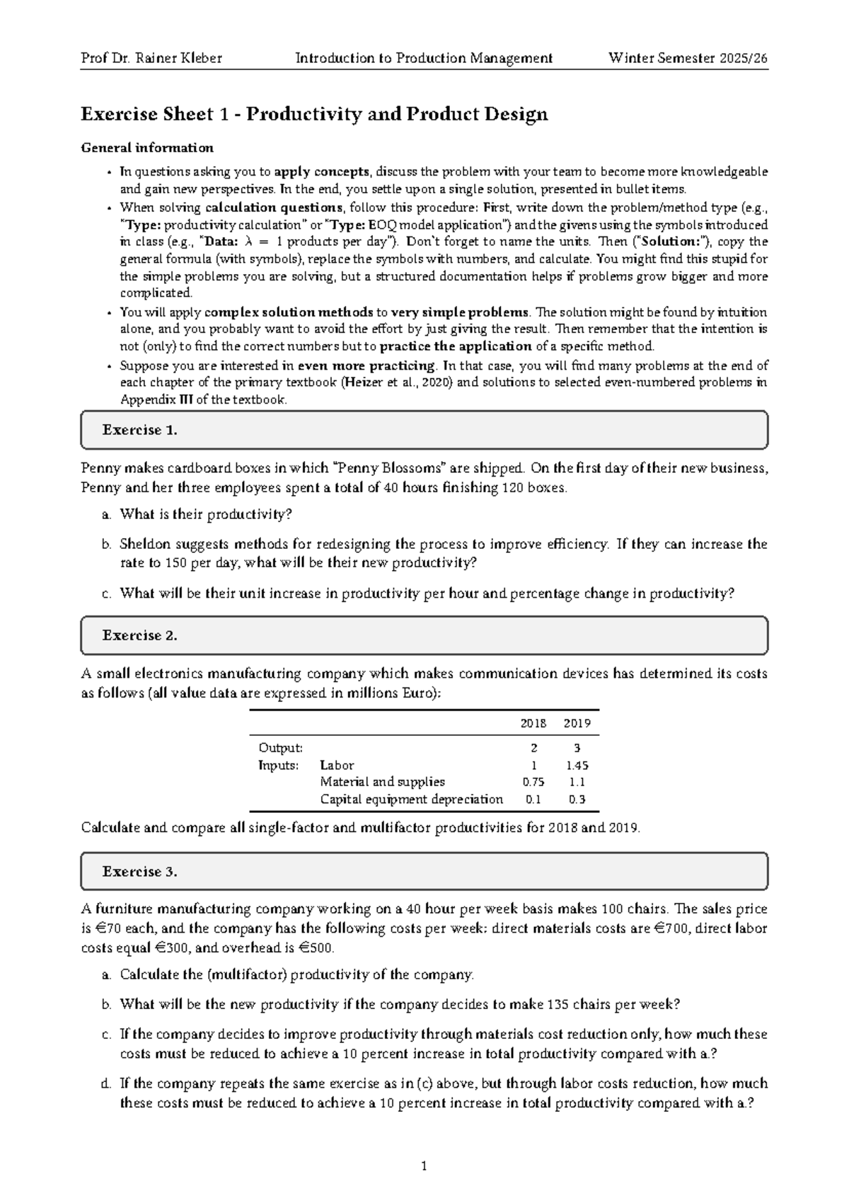 Production Management Exercise Sheet 1: Productivity & Design - Studocu